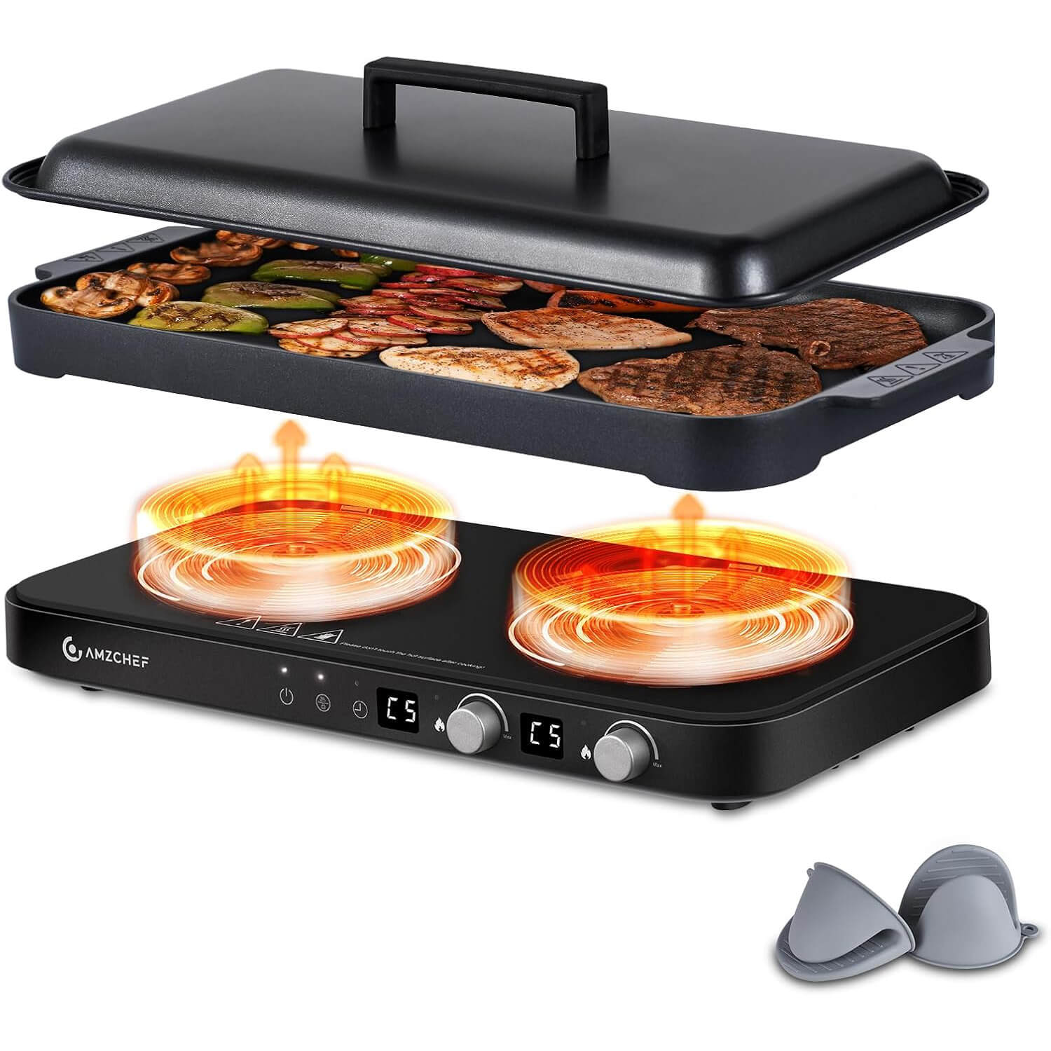 AMZCHEF Double Induction Cooktop with Removable Iron Cast Griddle Pan