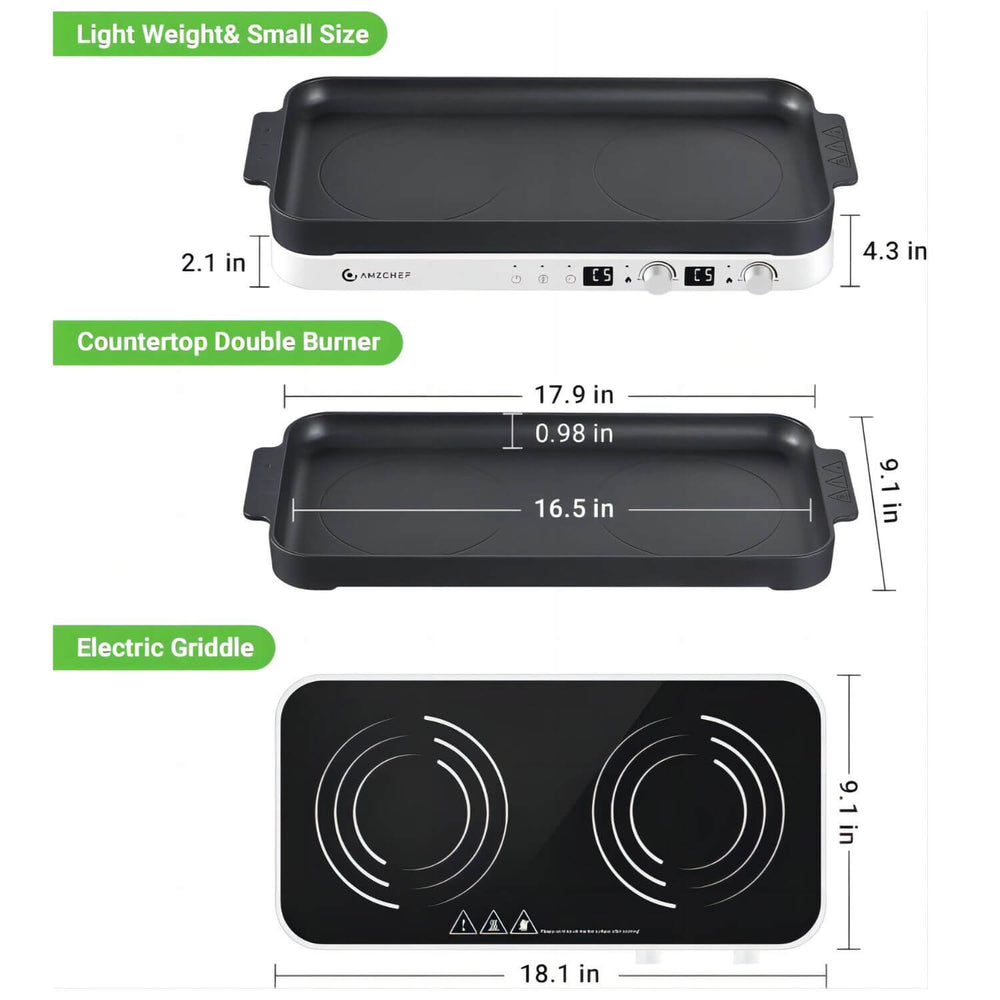 AMZCHEF Double Induction Cooktop with Removable Iron Cast Griddle Pan