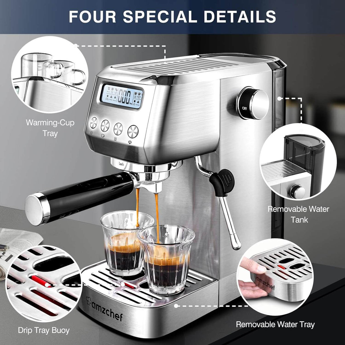 AMZCHEF Espresso Maker for home with LCD Panel Milk Frother